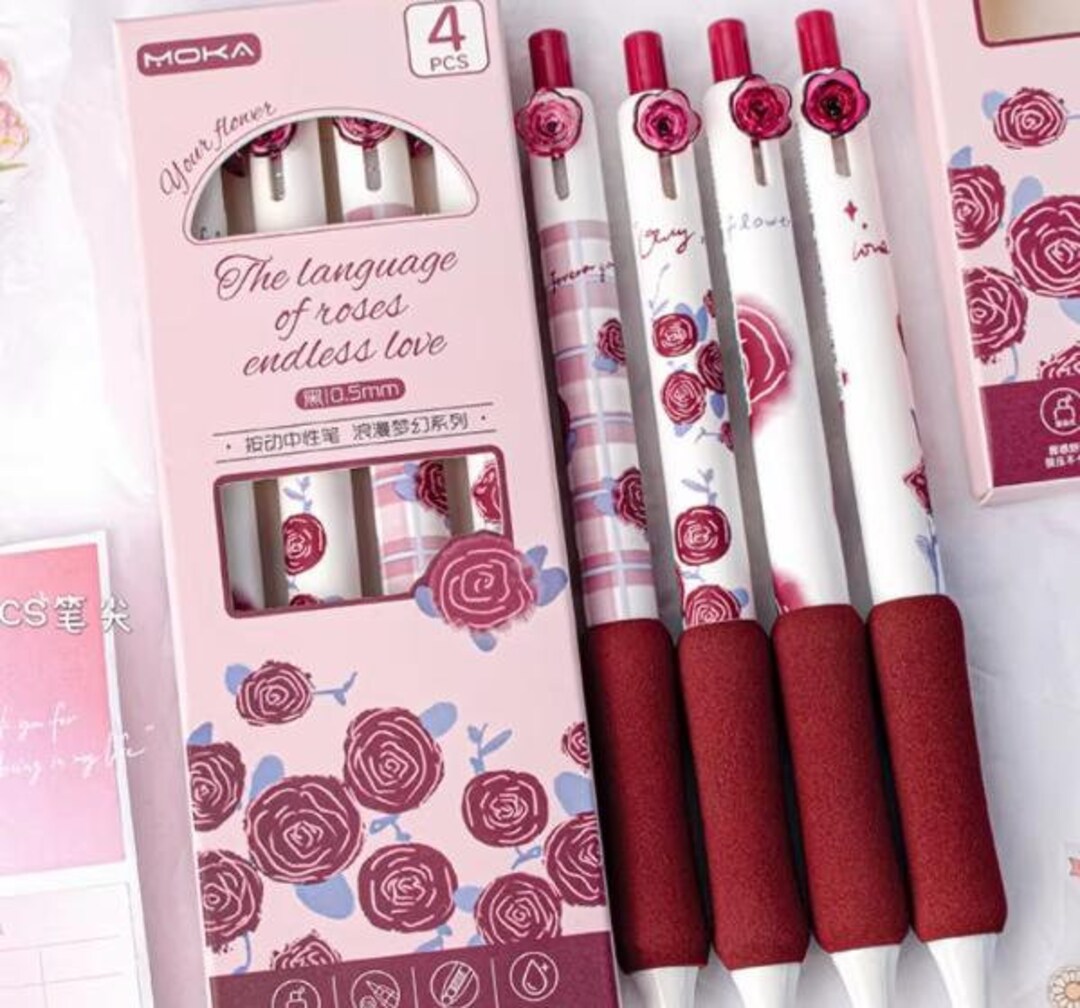 4pcs ROSE LOVE PENS Cute Aesthetic Floral Roses Design Pen Pack ...