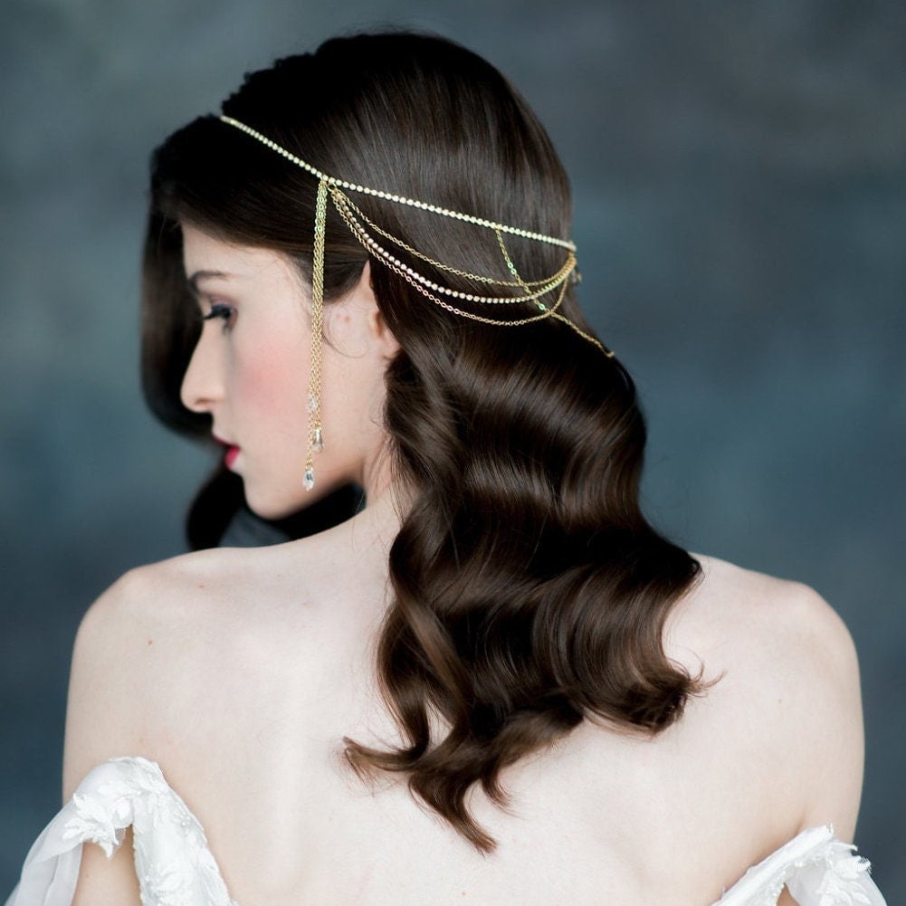 Gold Bridal Hair Chain: Silver Crystal Draped Chains Wedding Headpiece ...