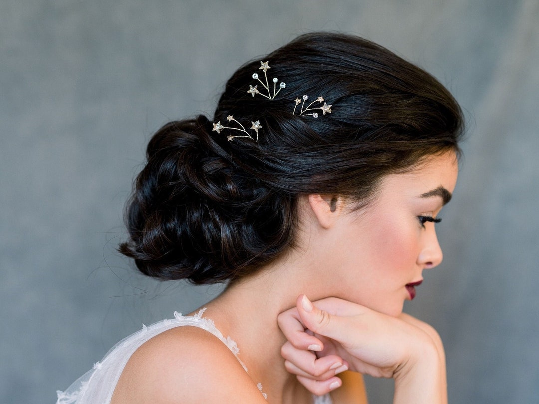 Gold Shooting Star Hair Pins, Silver Celestial Hairpins, Crystal Galaxy ...