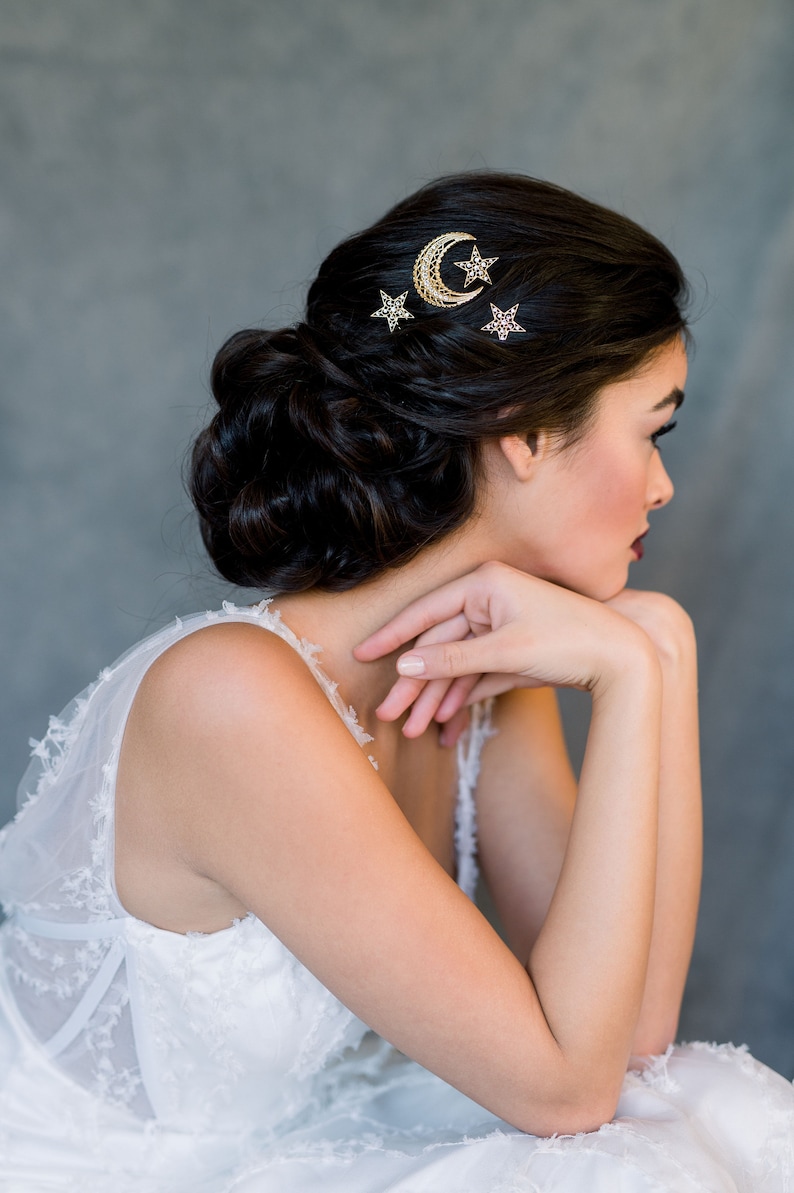 Gold Crystal Star and Moon Hair Pin Set: Silver Bridal Celestial Hair ...