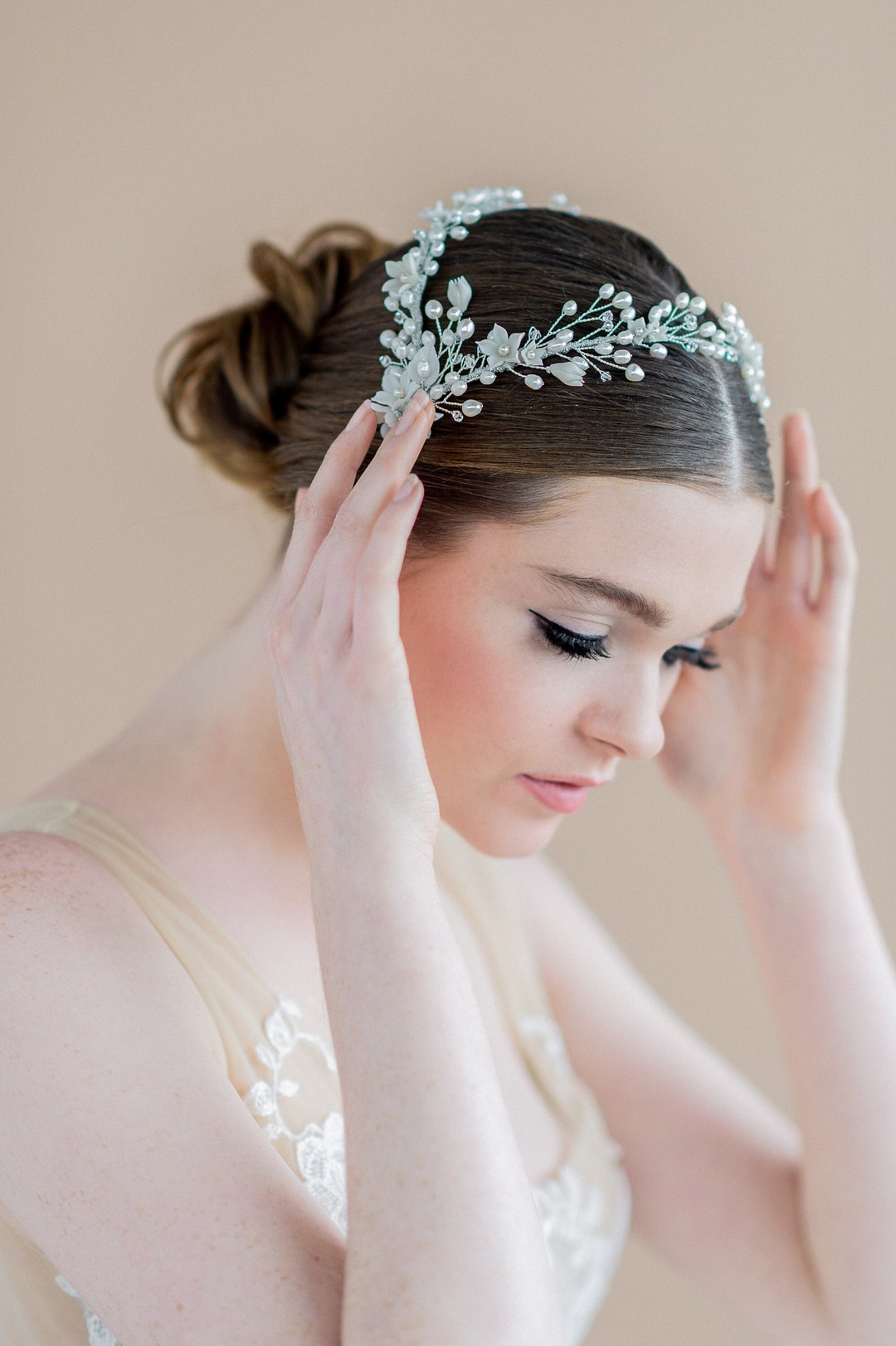 Pearl Bridal Crown: Silver Floral Coronet Headband - GRAYSON - Etsy