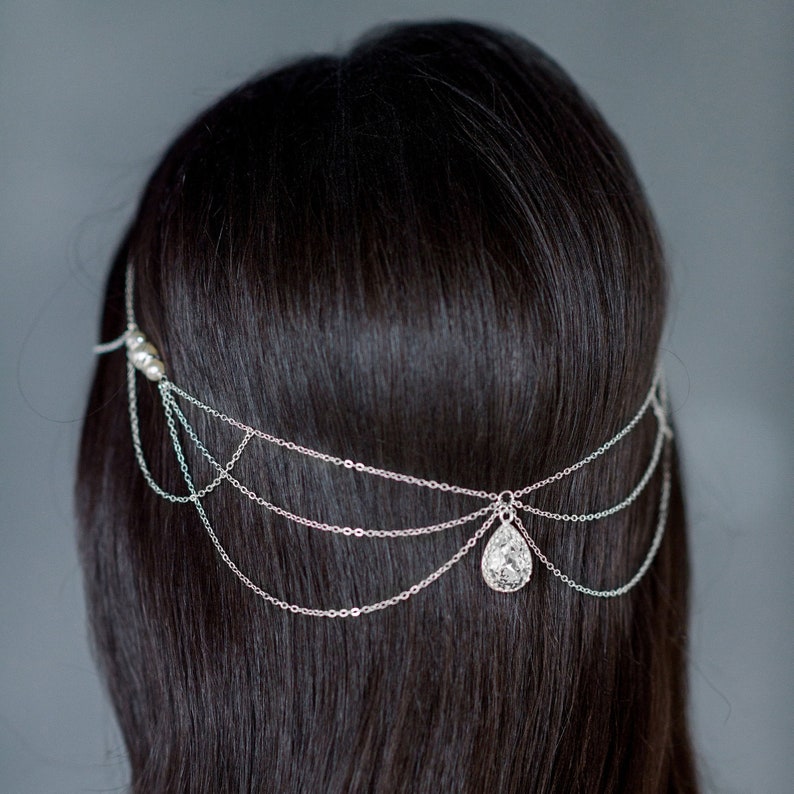 Silver Bridal Hair Chain: Crystal Pearl Draped Headpiece - IOANNA - Etsy