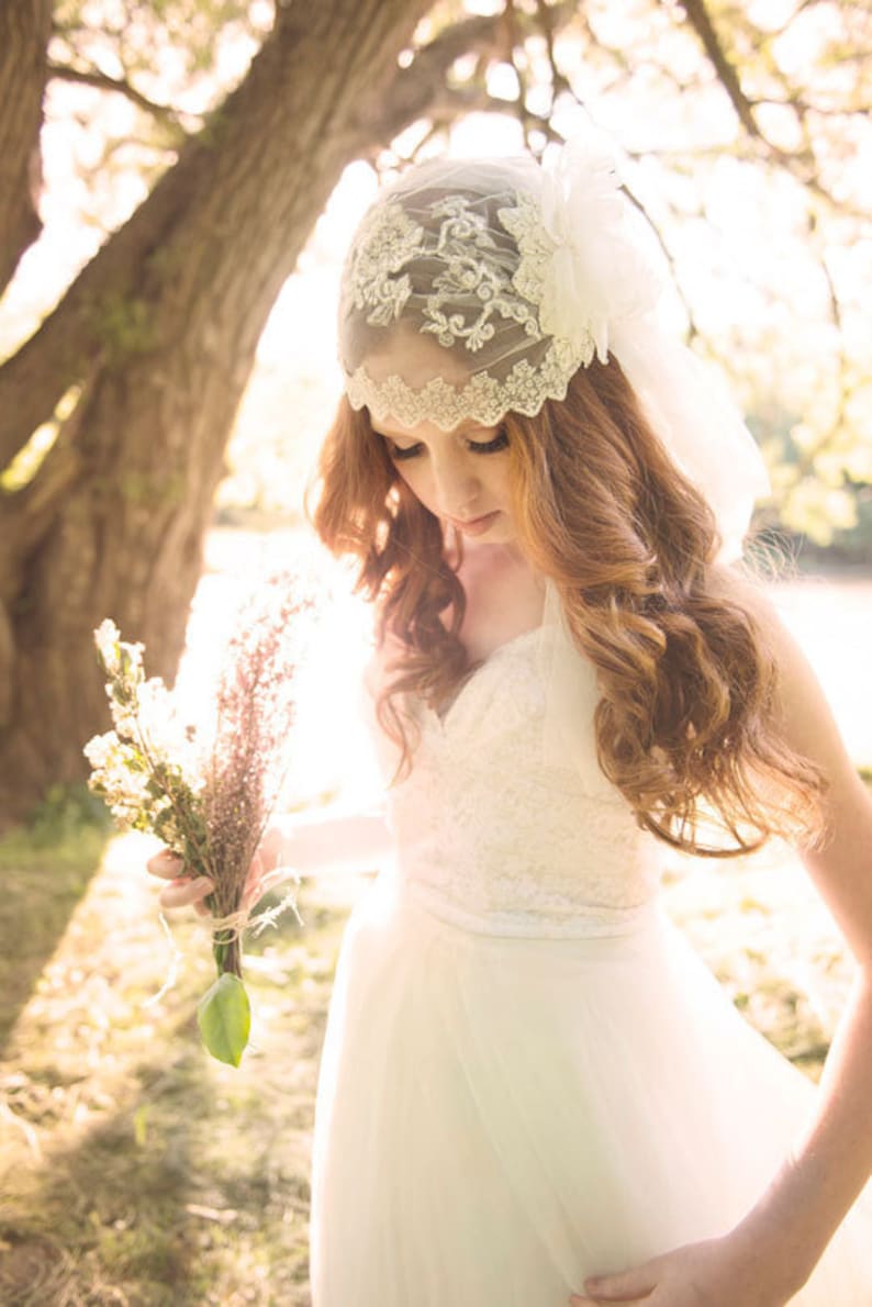 Ivory Beaded Juliet Cap Veil Lace Juliet Veil Flower Wedding - Etsy