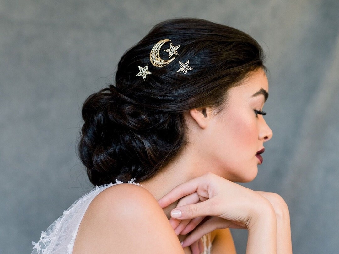 Silver Celestial Hair Pins, Modern Bridal Hair Pin Set, Half Moon ...