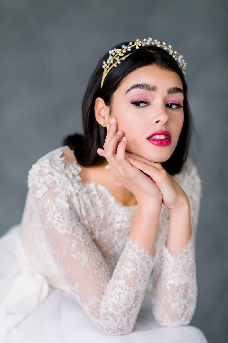 Delicate Pearl Crown Simple Bridal Tiara Gold Hair Vine - Etsy