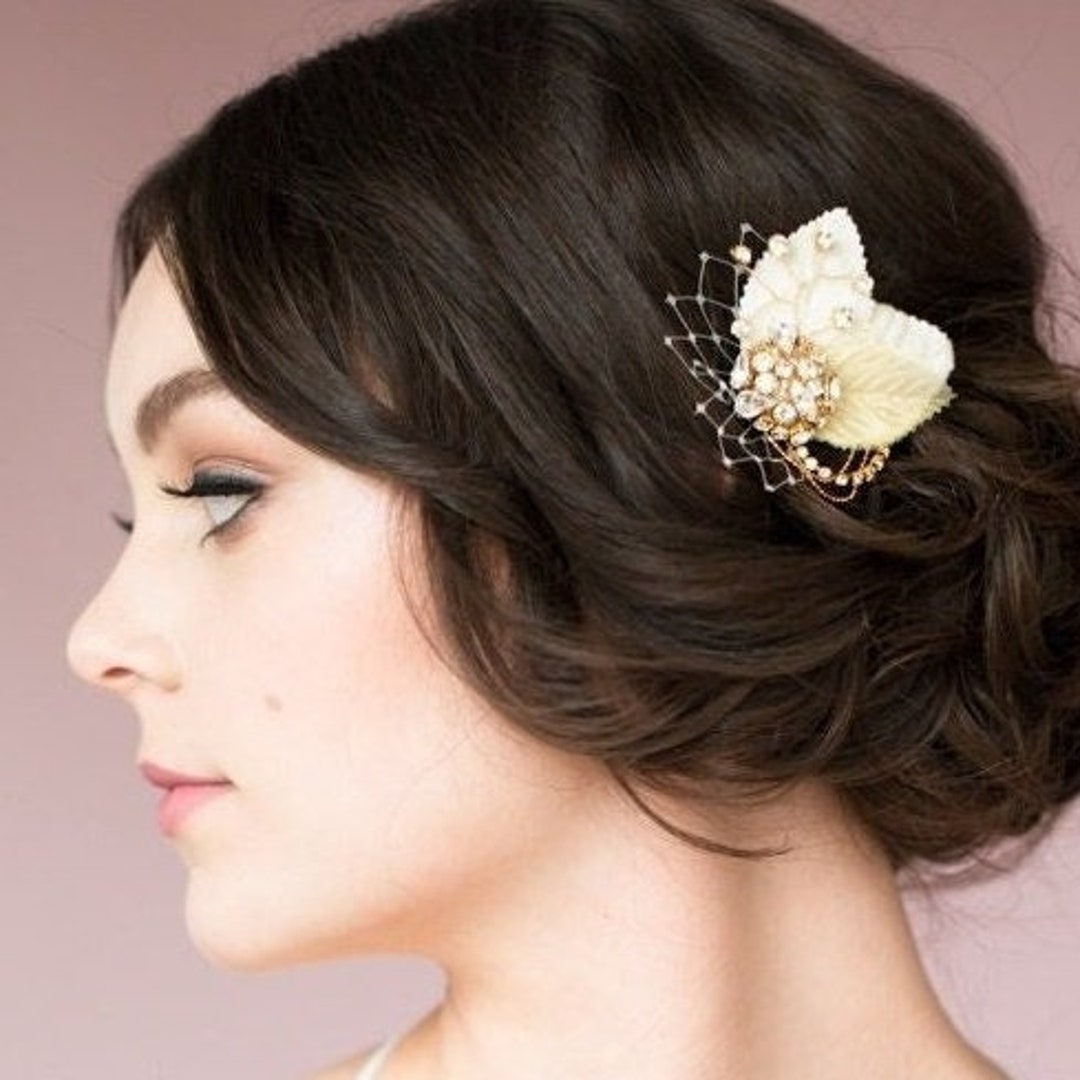 Small Bridal Fascinator, Gold Crystal Hair Clip, Silver Rhinestone ...
