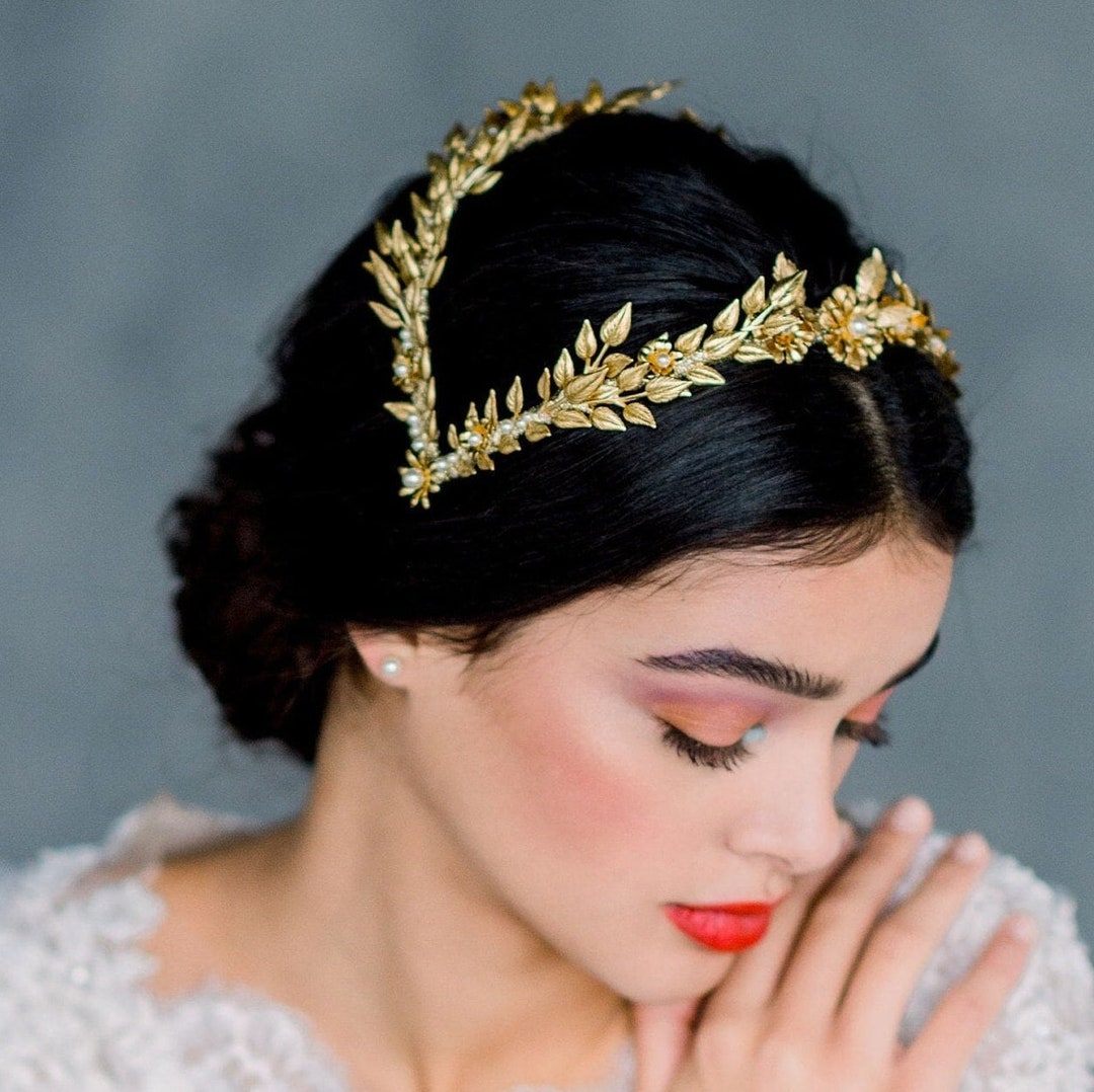 Gold Leaf Bridal Crown: Double Coronet Headband With Flowers - SIOBHAN ...