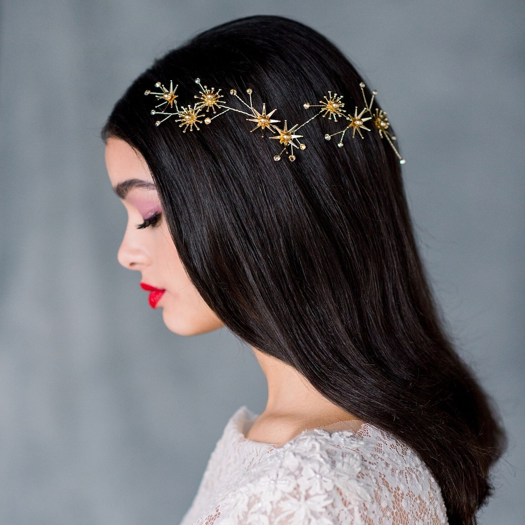 Gold Celestial Hair Vine, Modern Bridal Star Headpiece, Art Deco Hair ...