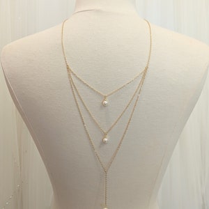 Gold Tiered Pearl Back Drop Necklace, Silver Pearl Pendant Back Chain ...