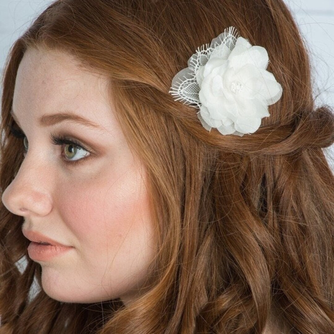 Ivory Silk Flower Hair Clip, Bridal Hair Flower, White Lace Hair Clip ...