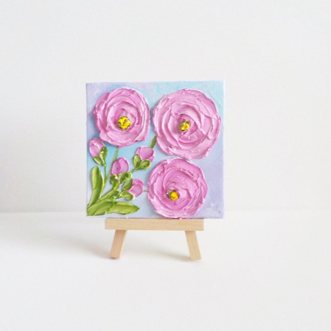 4" X 4 " Miniature Bright Pink Ranunculus Impasto Painting With Easel ...
