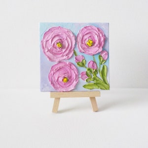 4" X 4 " Miniature Bright Pink Ranunculus Impasto Painting With Easel ...
