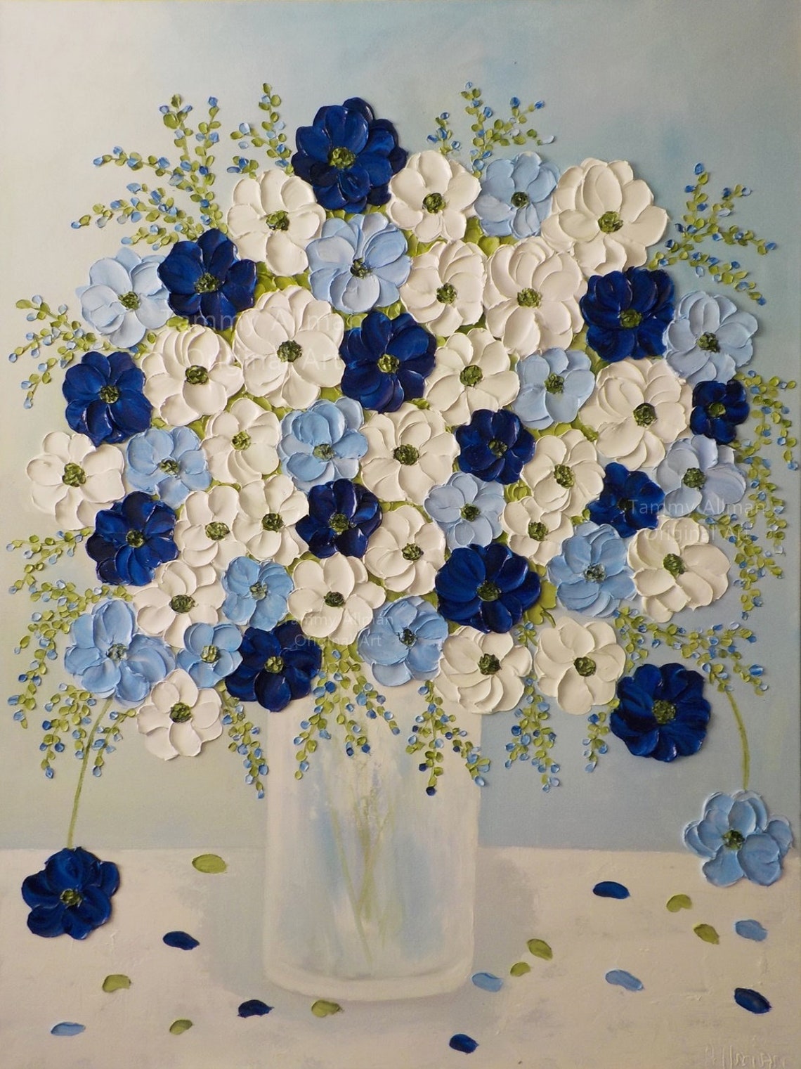 Custom Navy Light Blue and White Anemone Oil Impasto Original - Etsy
