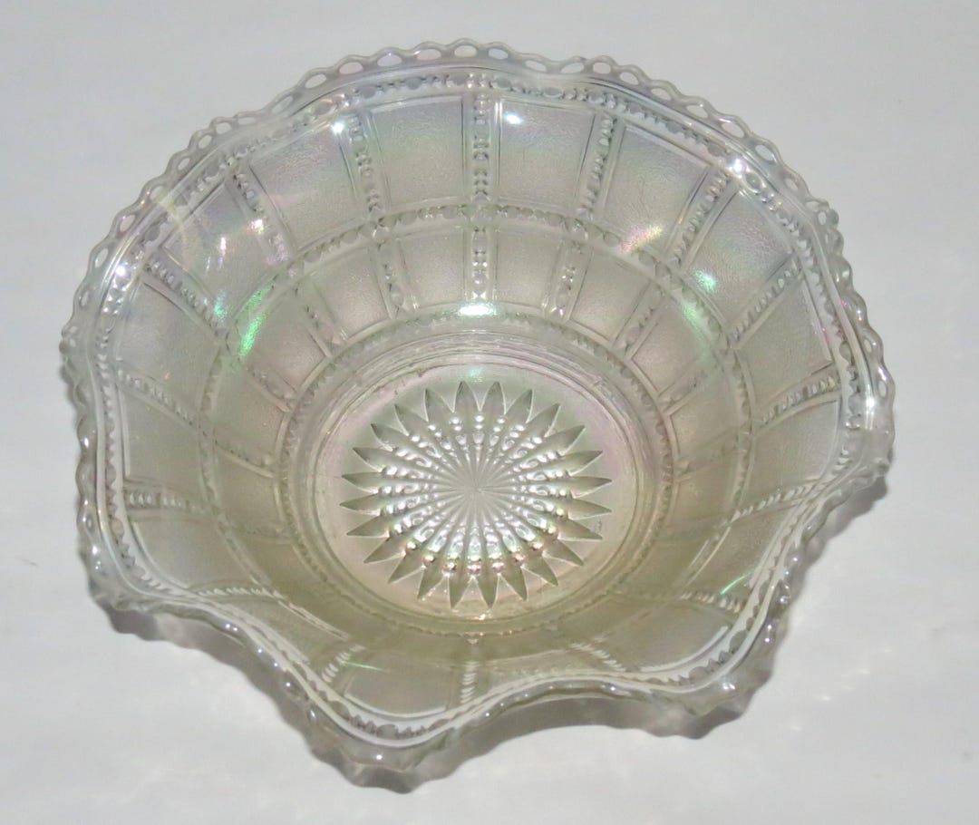 Antique Imperial Glass White Carnival Glass Beaded Block Ruffled Bowl ...