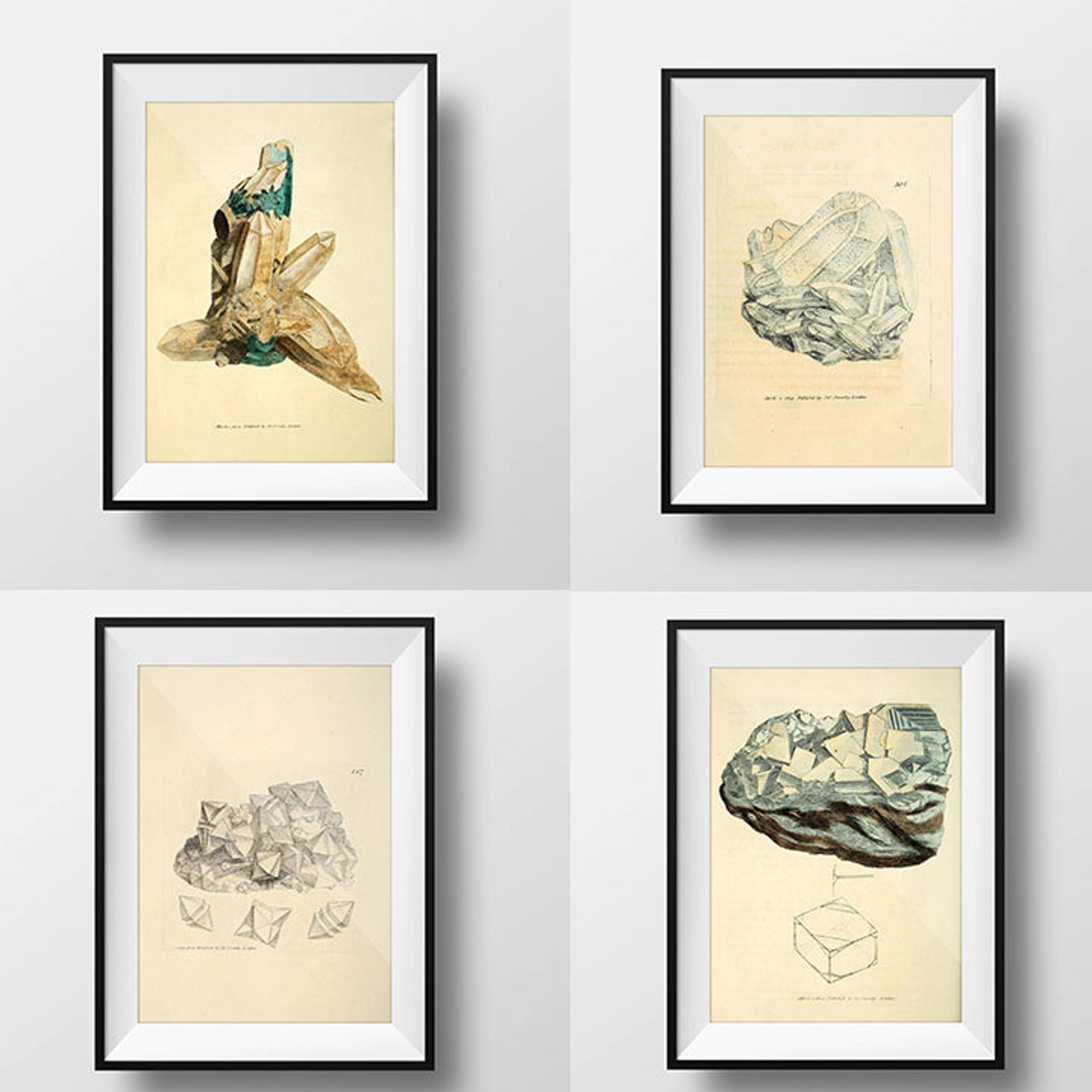 Antique Minerals Art Print Set of 4 Crystal Print 11x14 Gems Gemstones ...
