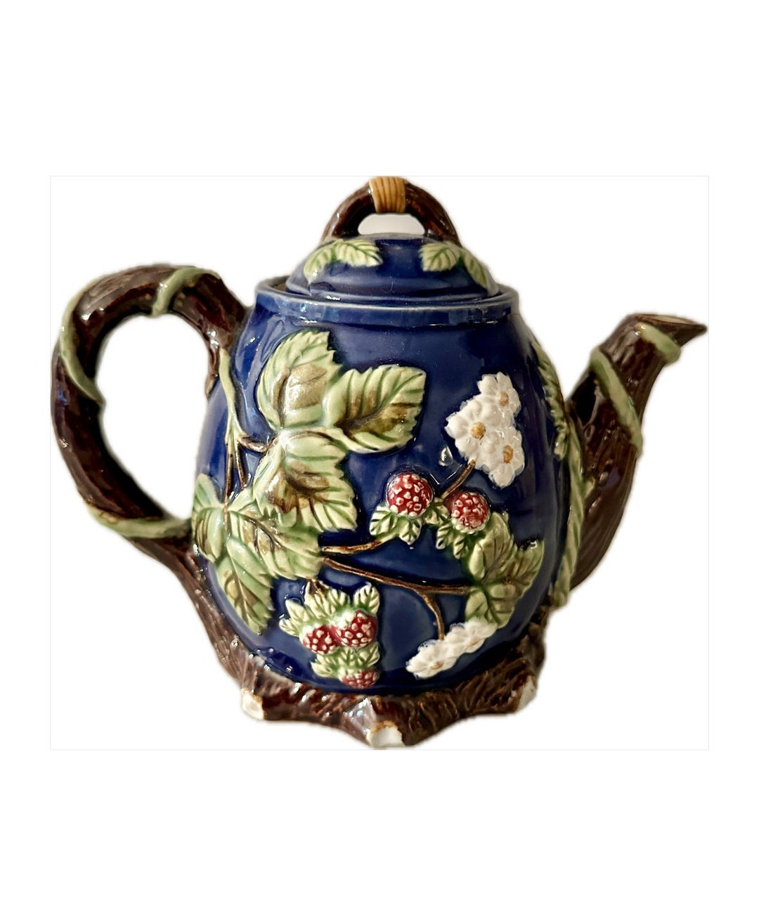 Vintage Majolica Cobalt Blue Teapot With Berries, Vines - Etsy