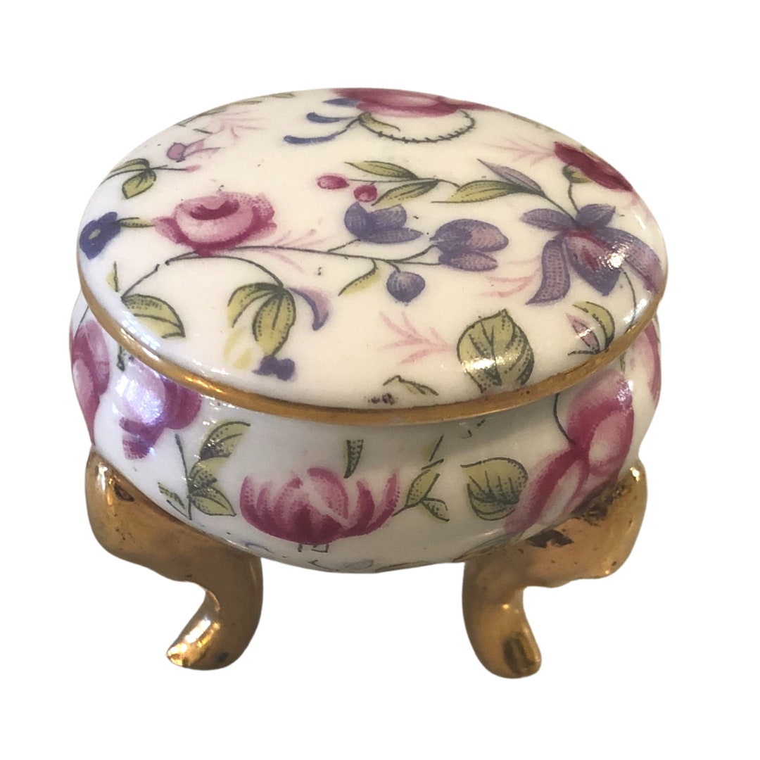 Vintage Trinket Box, Floral Box, Violet Trinket Box, Round Trinket Box ...