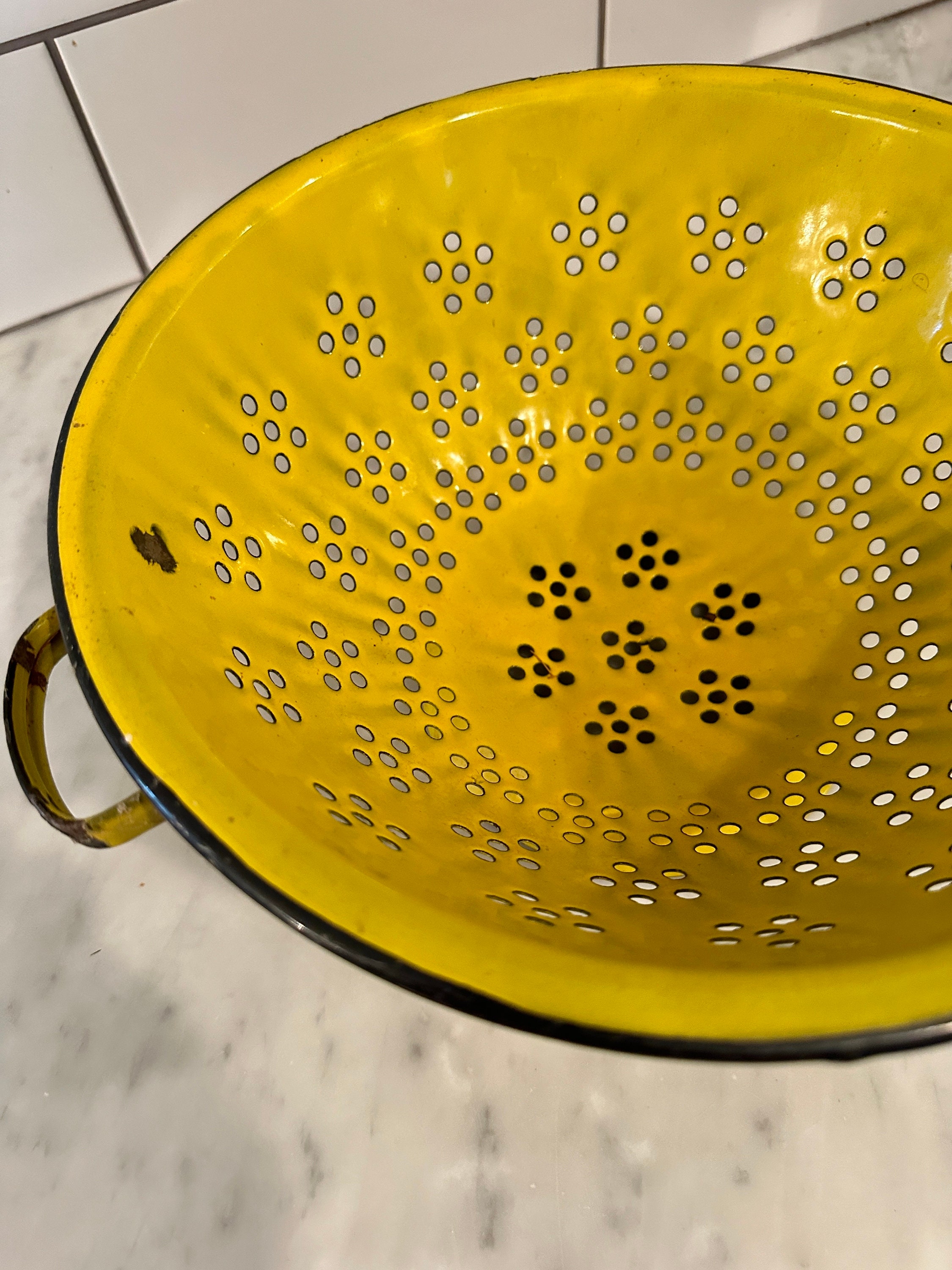 Vintage French Yellow Colander- Enamel With Black Trim - Etsy