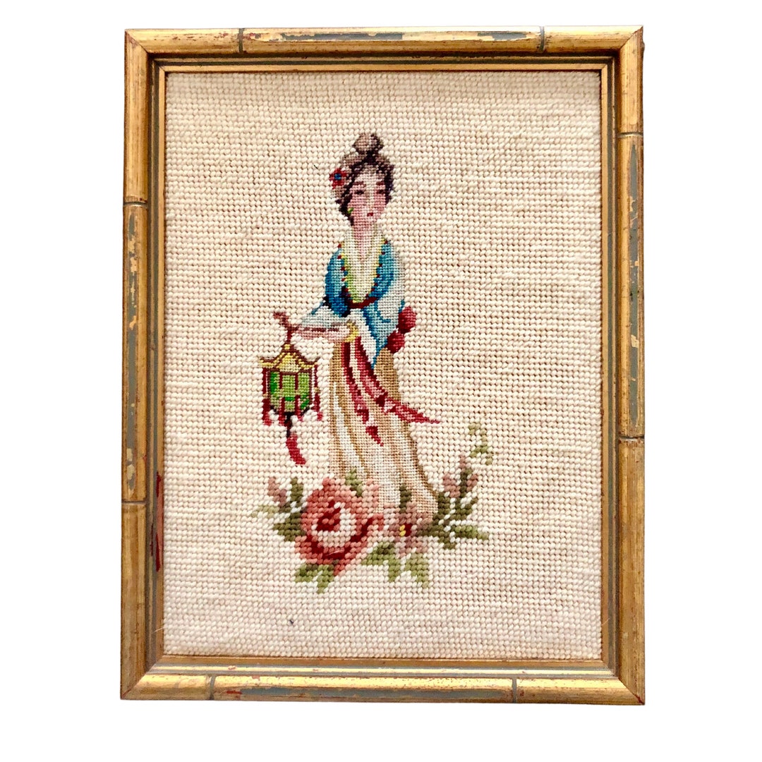 Vintage Gold Framed Needlepoint Japanese Woman With Pagoda Birdcage - Etsy