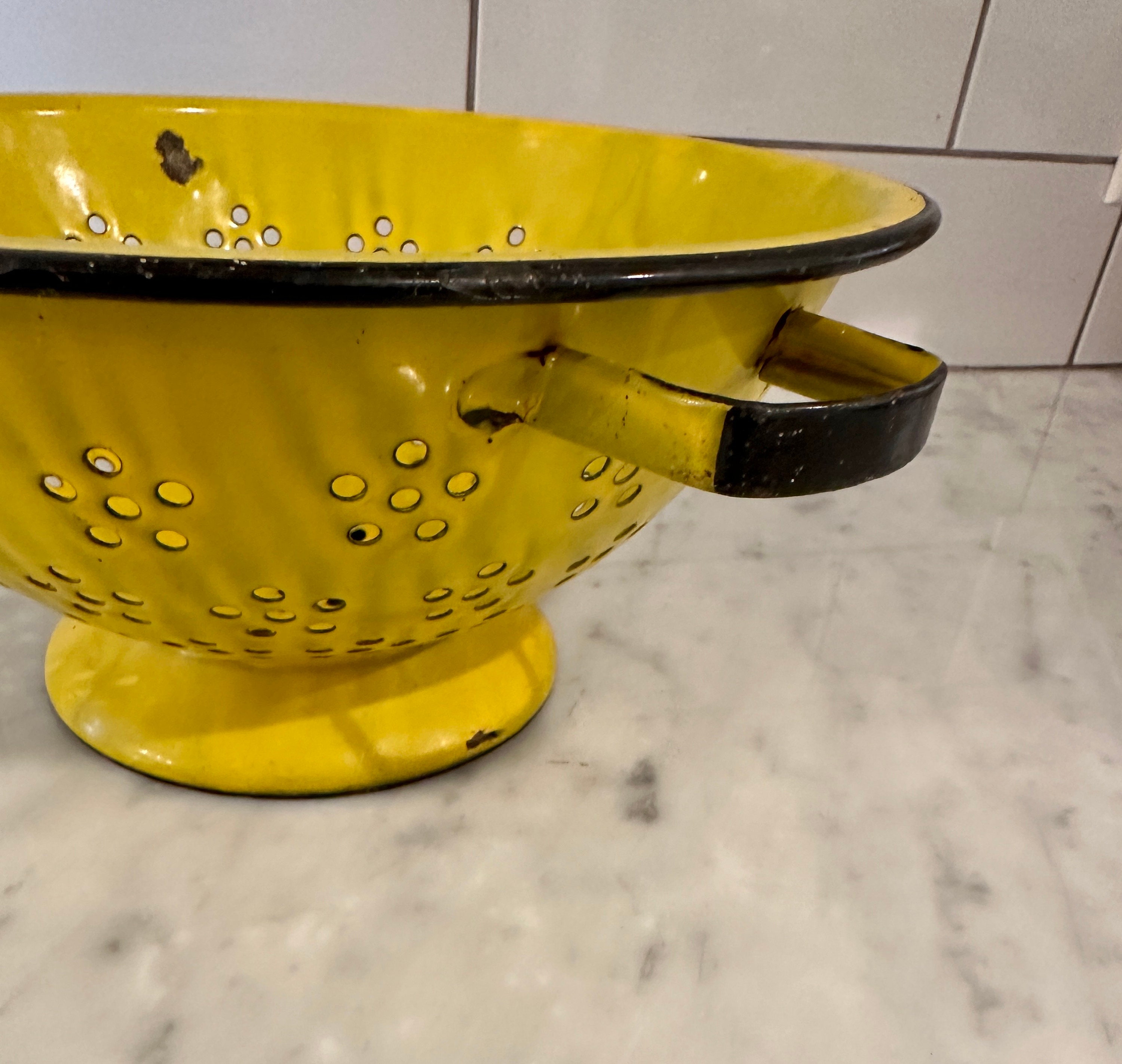 Vintage French Yellow Colander- Enamel With Black Trim - Etsy