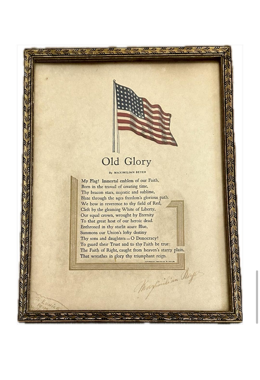 Vintage American Flag With Old Glory Poem Litho Framed and Signed by ...