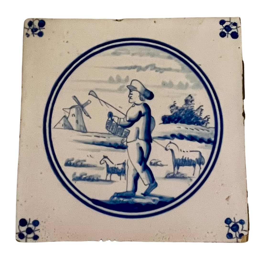 Antique Delft Blue and White Glazed Tile With Shepherd and Sheep - Etsy