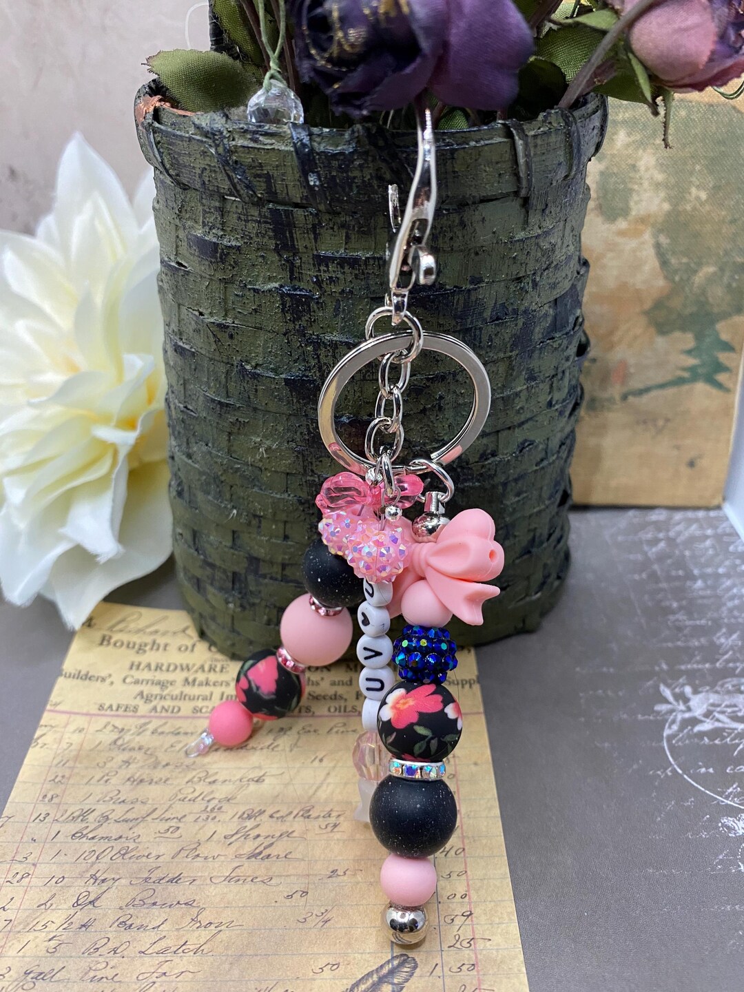 Pink Bow Beaded Keychain, Personalized Black Floral Purse Charm ...