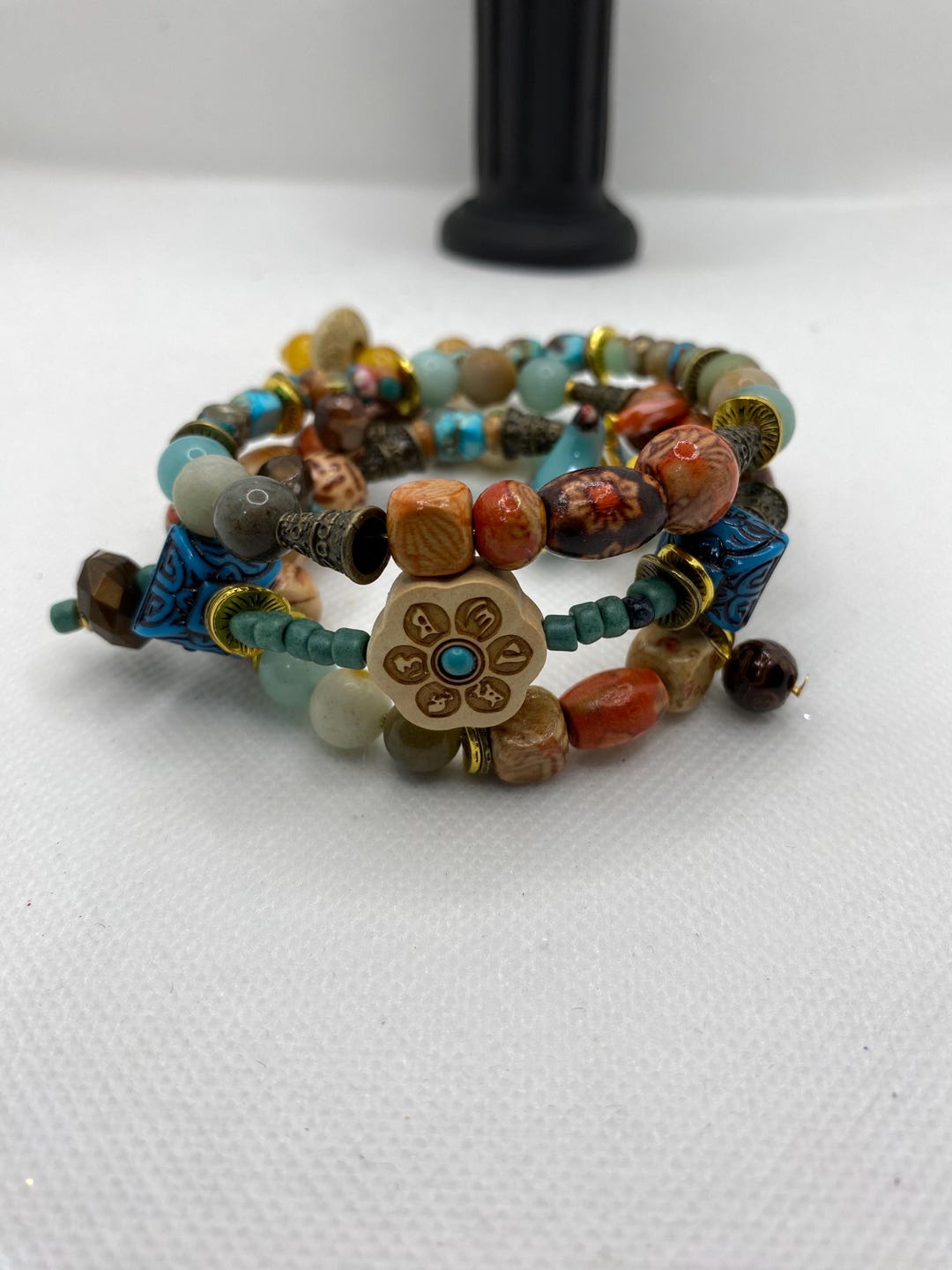 Boho Memory Wire Cuff Bracelet, Three Loop Wrap Gemstone Statement ...