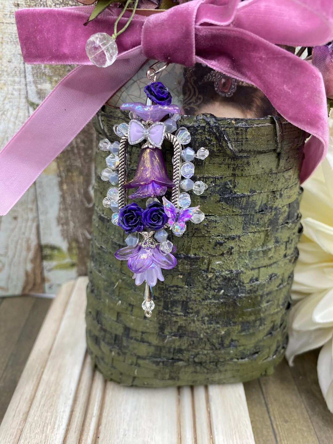 Handmade Beaded Lavender Floral and Butterfly Frame Pendant, Purple ...