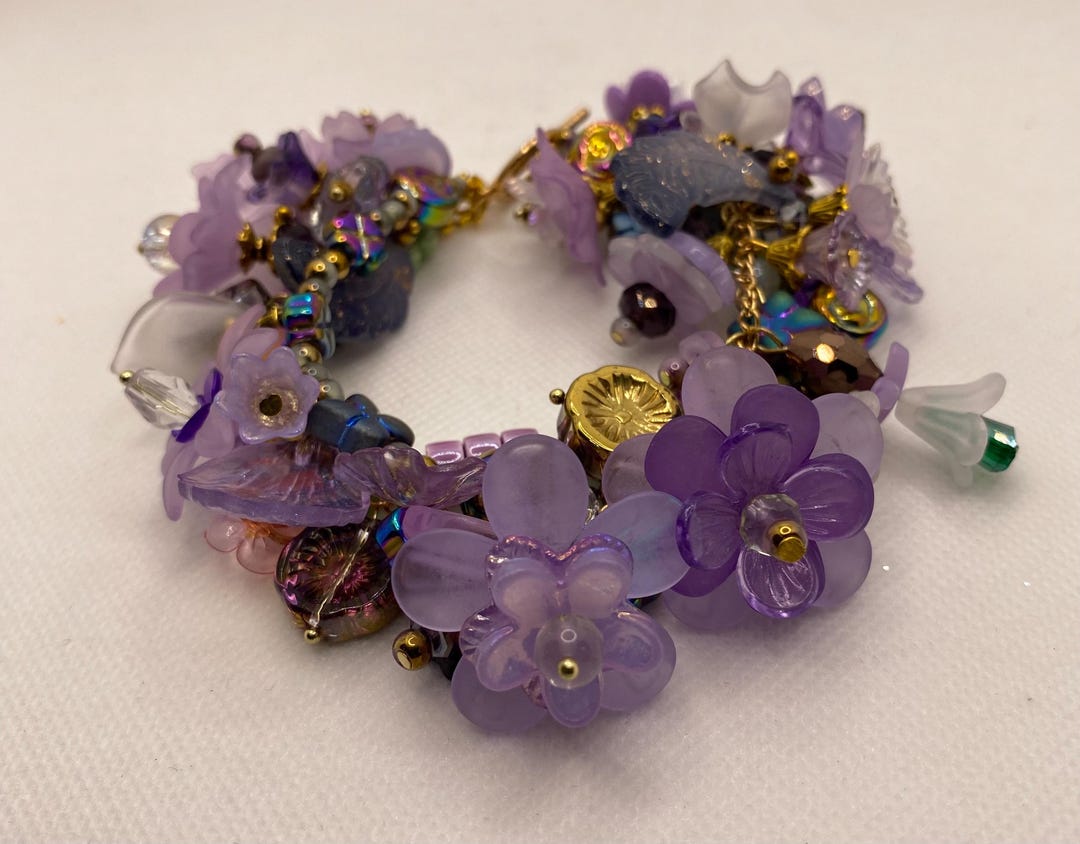 Multi Strand Purple and Gold Floral Green Ceramic Handmade Beaded ...