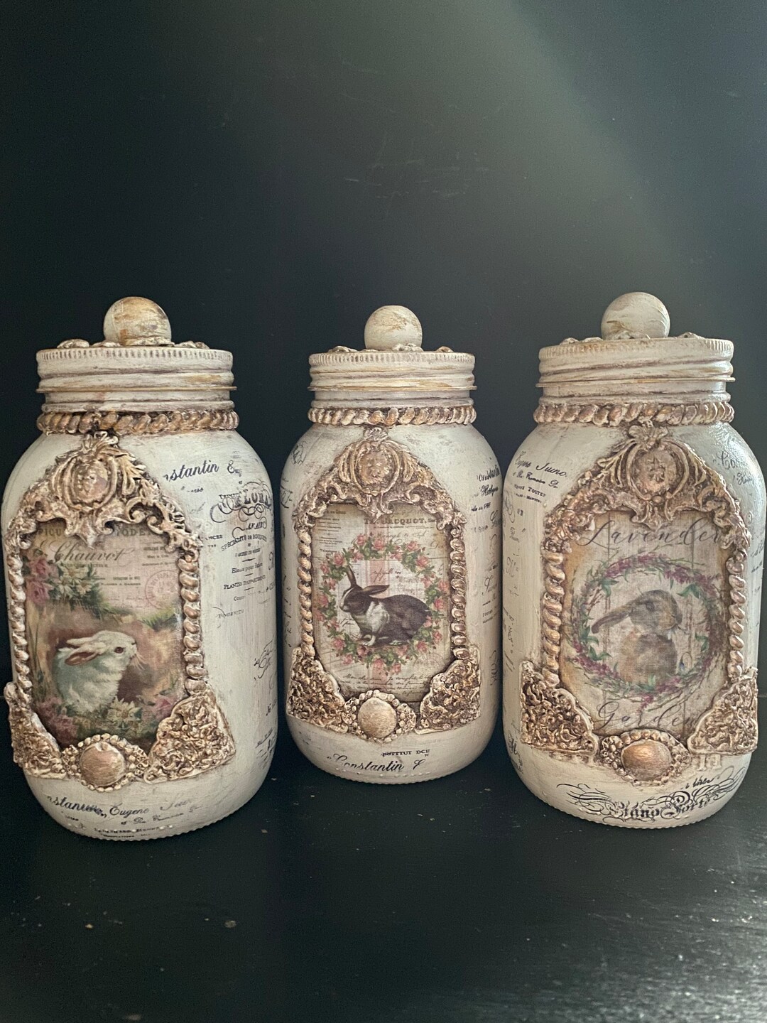 Set of Three Shabby Chic Mason Jars, Antique White Storage Containers ...