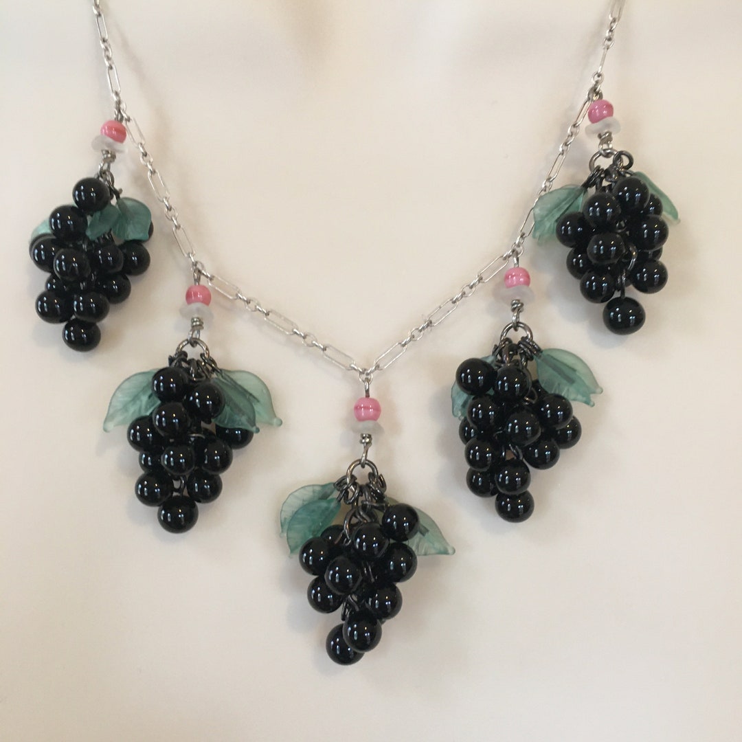 Vintage Black Grape Cluster Necklace: Sterling Silver Chain, Wine Lover ...