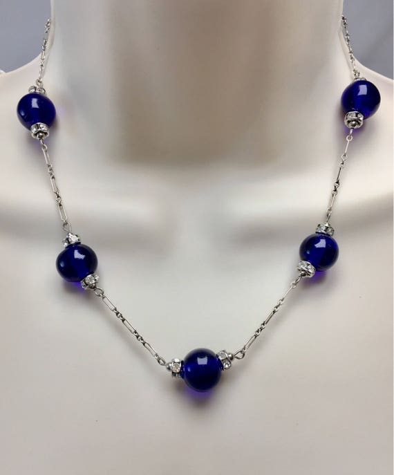 Vintage Cobalt Glass Necklace, Blue Cobalt and Sterli… - Gem