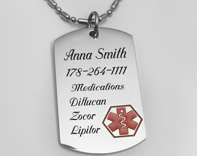 Medical Alert Stainless Steel Custom Engraved Medic ID Military Dog Tag ...