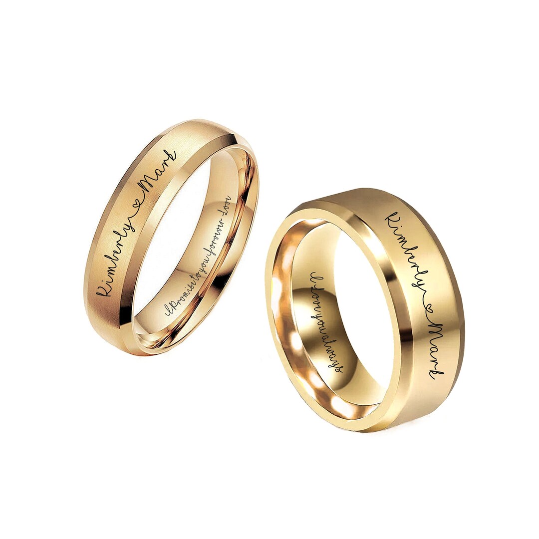 Engraved Rings Brushed Gold Ring Set Couple Ring Set Personalized Ring ...