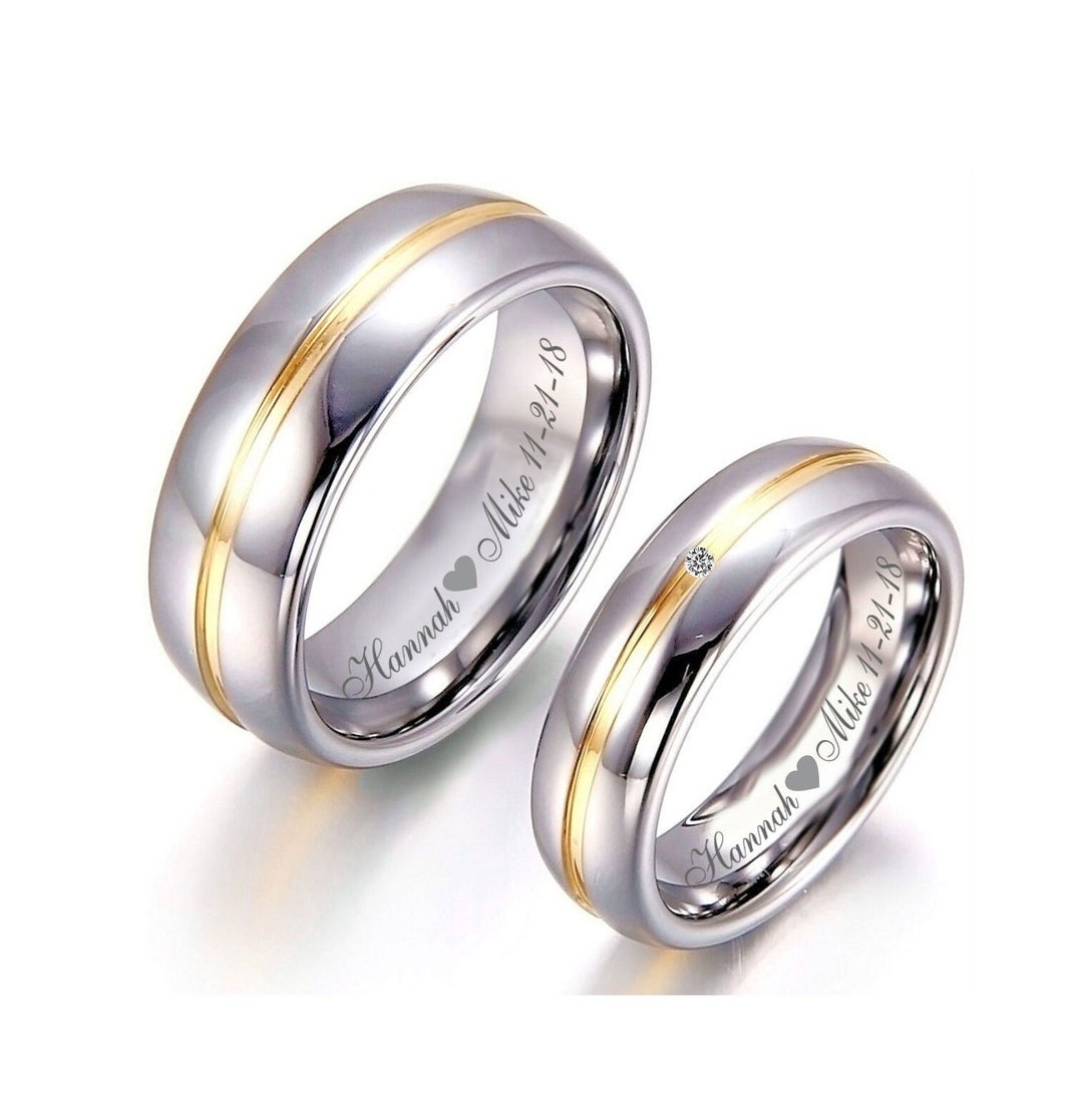 Engraved Couple Ring Set: Two-tone Stainless Steel Wedding Bands - Etsy