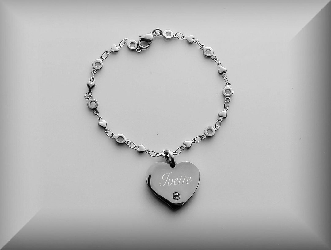 Personalized Silver Heart Charm Bracelet, Engraved Gift - Etsy