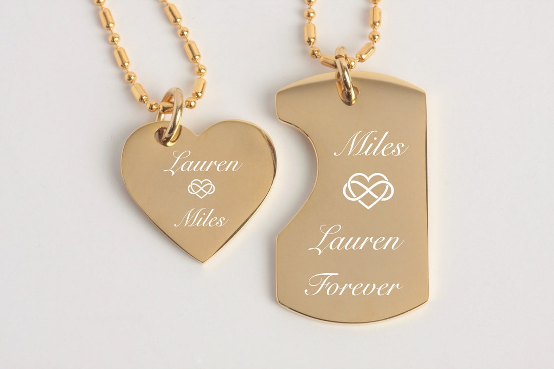 Mini Gold Dog Tag & Heart Necklace Set, Couples Jewelry, 2 Custom ...