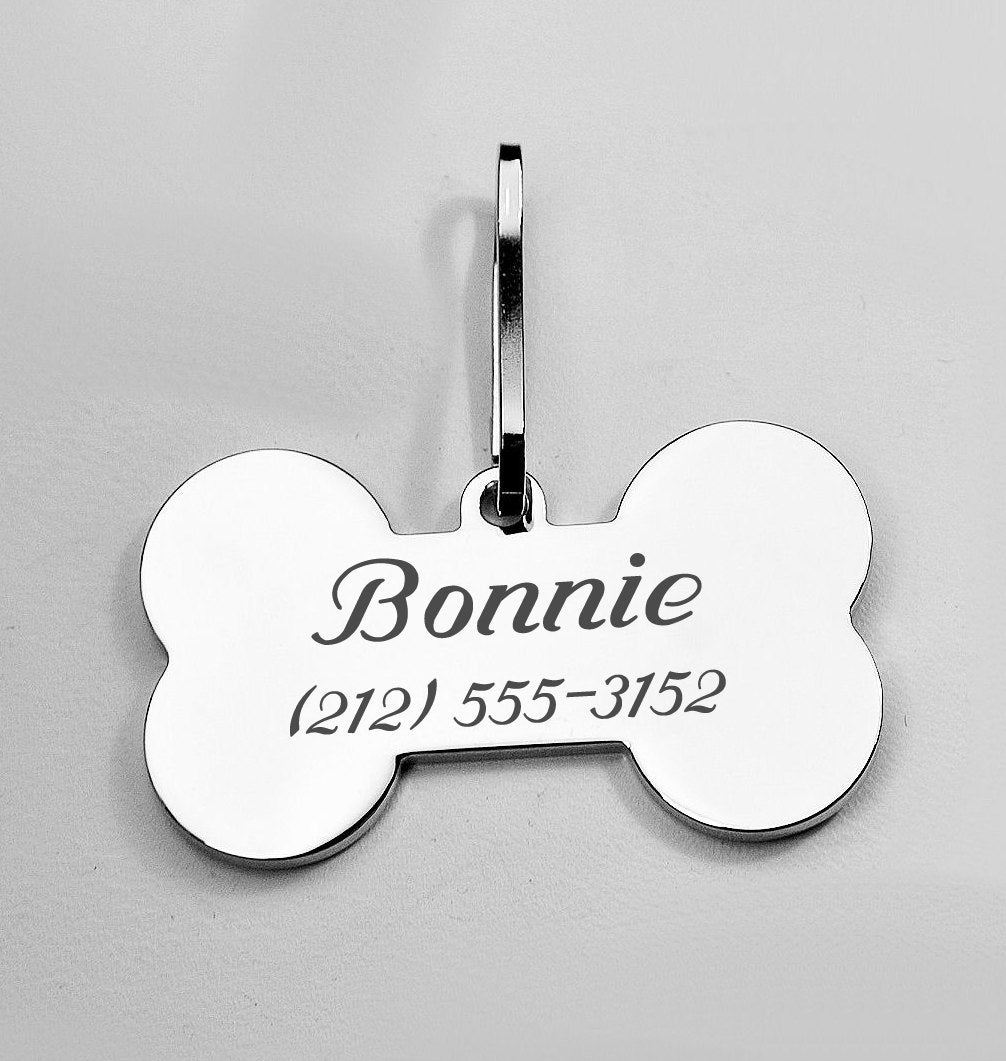 Personalized Polished Silver Dog Bone Pet Tag Front and Back | Etsy