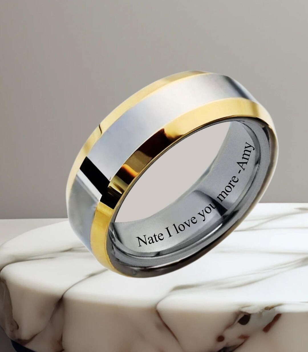 Engraved Tungsten Ring Personalized Ring Two Tone Tungsten Ring Promise ...