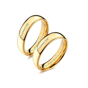Engraved Gold Ring Set Gold Tungsten Ring Personalized Tungsten Wedding ...