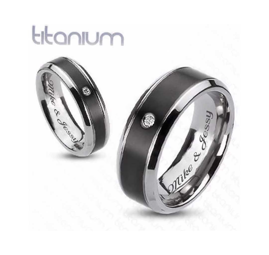 Black & Silver Titanium Ring Set Engraved Ring Personalized Couple Ring ...