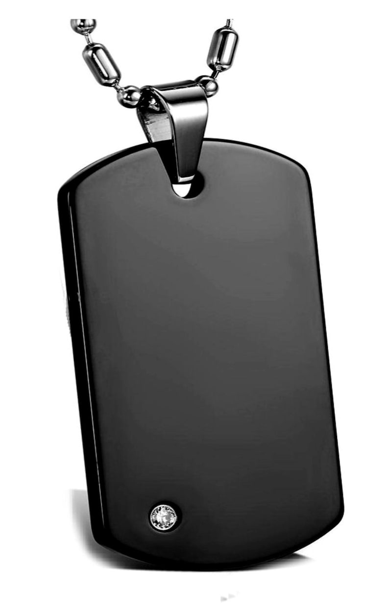 Custom Engraved Black Dog Tag Necklace, CZ Stone, Personalized Military ...