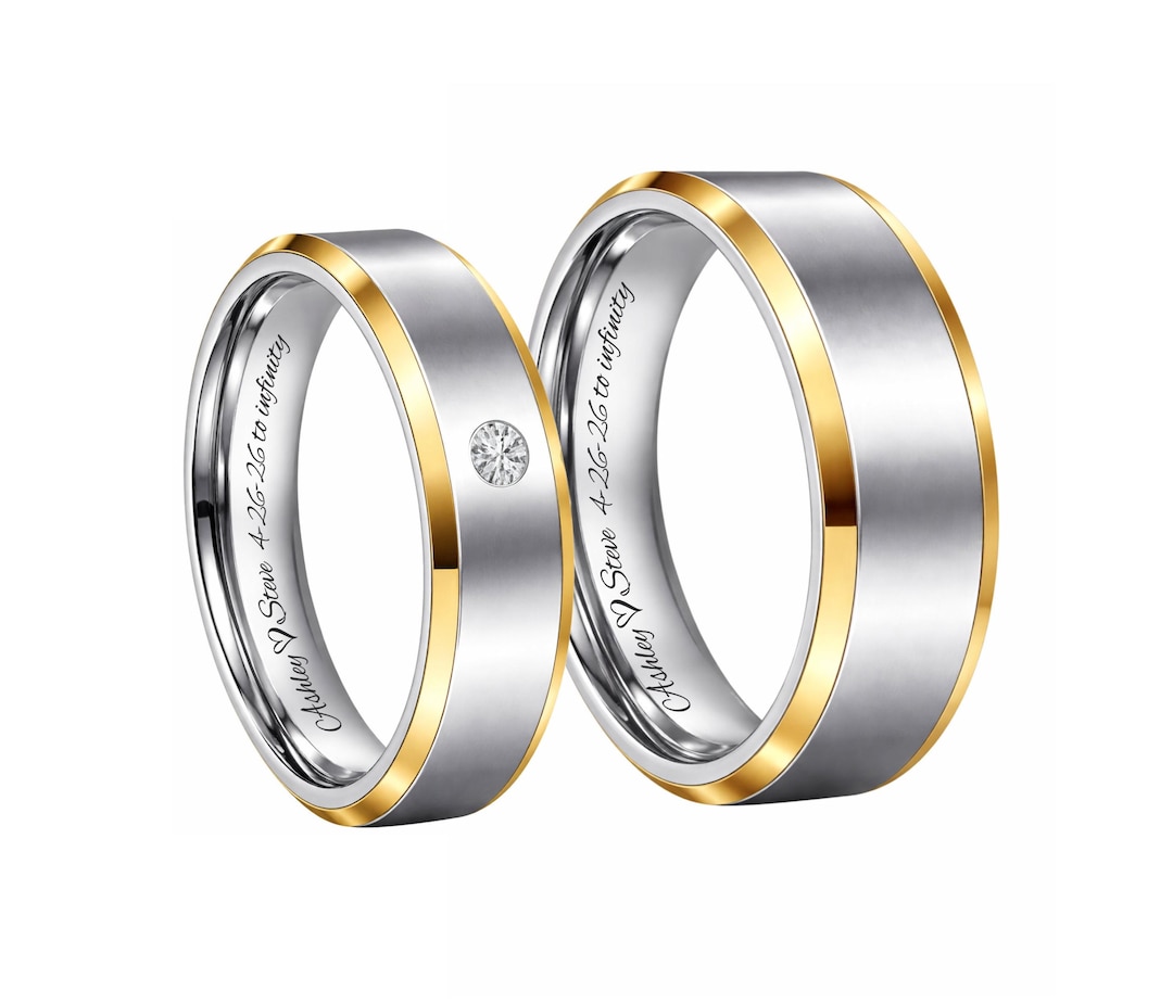 Two-tone Silver & Gold Ring Set, Personalized Stainless Steel Promise ...
