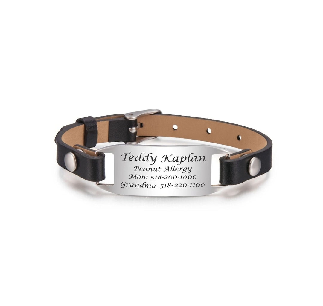 Personalized Kids Leather ID Bracelet, Stainless Steel Allergy Alert - Etsy