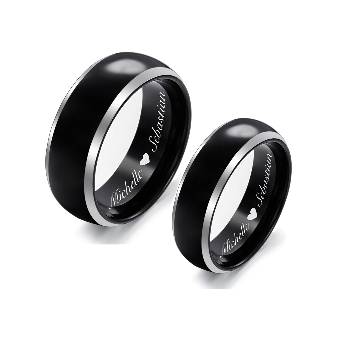 Engraved Titanium Ring Set Black & Silver Rings Personalized Ring ...