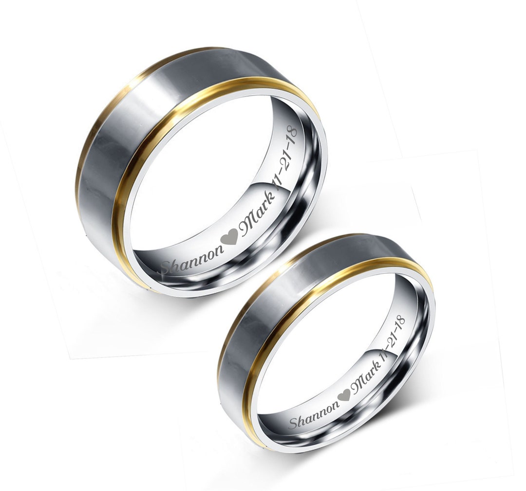 Engraved Ring Set Two Tone Silver & Gold Rings Personalized Promise ...