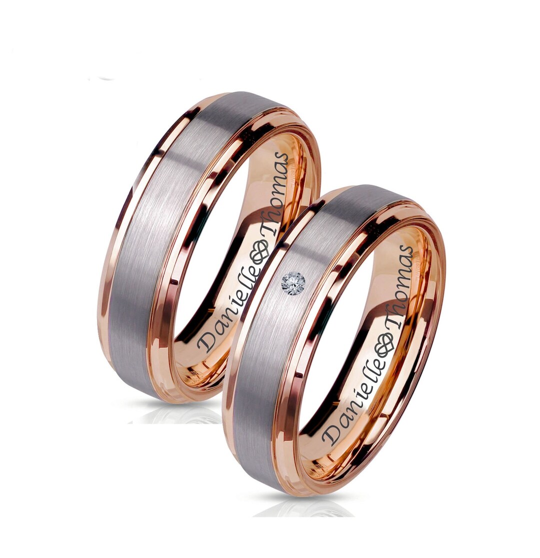 Silver & Rose Gold Engraved Tungsten Ring Set Personalized Promise ...