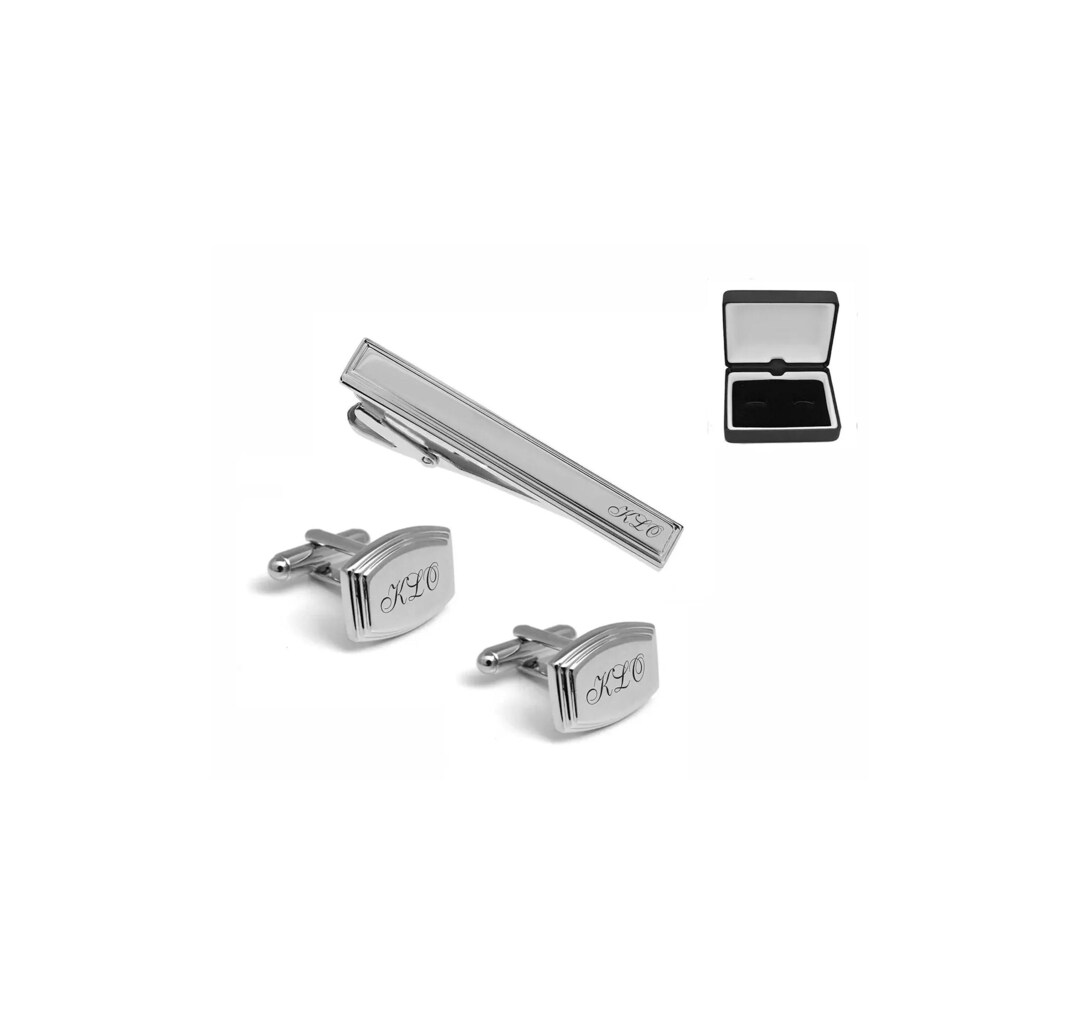 Engraved Monogram Cufflink and Tie Clip Set, Personalized Wedding Gift ...