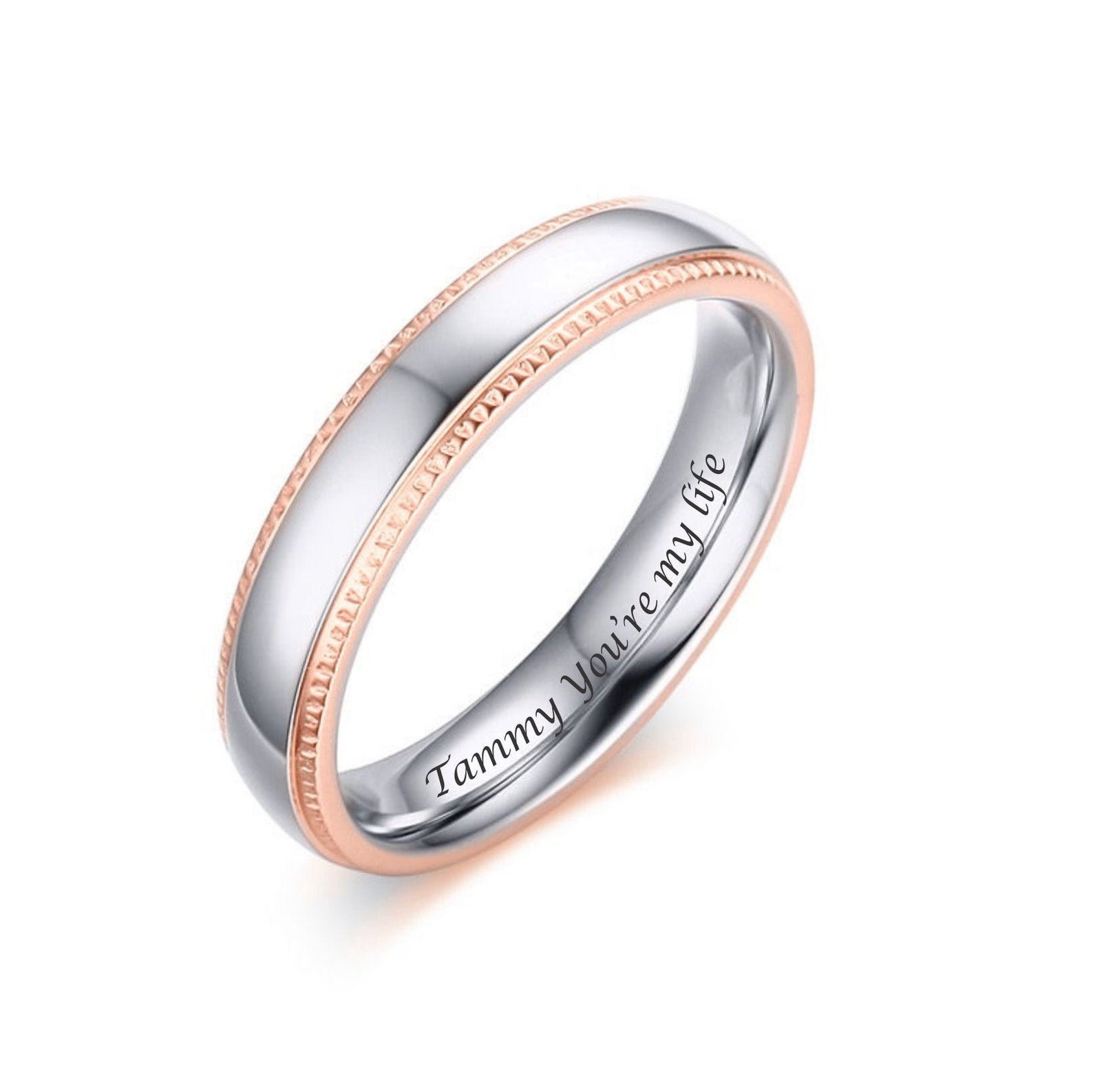 Two Tone Ring Engraved Promise Ring Silver & Rose Gold Ring - Etsy